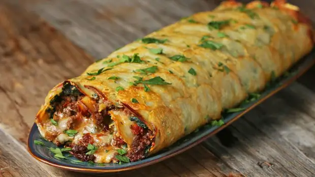 Unusual and delicious roll with meat without dough