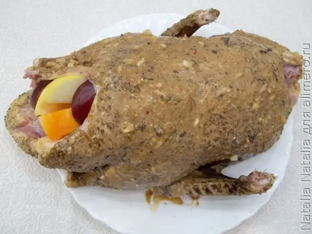 Duck stuffed with pumpkin with apples and baked in the oven - festive dish