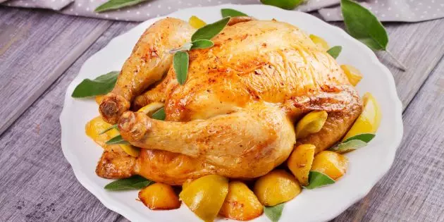 Che farcire il pollo: pollo ripieno con limone e arancia