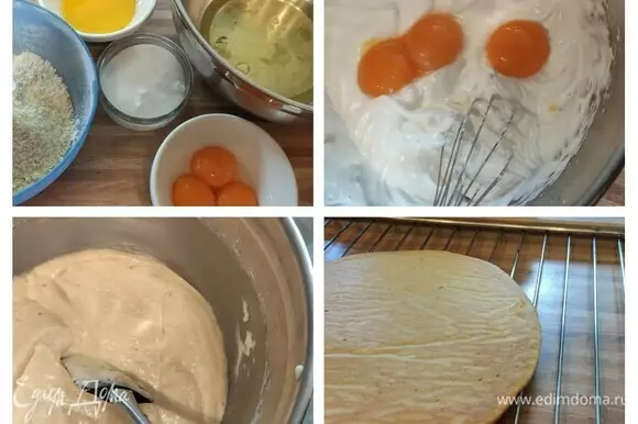 Igbese ti o tẹle yoo jẹ ndin akara. Preheat adiro si 190 ° C. Ya awọn yolk lati awọn ọlọjẹ (Mo ni awọn ẹyin nla, nitorinaa awọn PC.) Ati yo bota naa. Lu awọn eniyan alawo funfun pẹlu fun pọ ti iyọ, laiyara fifi gaari kun, lagun awọn ọlọjẹ sinu foomu ti o lagbara. Farabalẹ interfeere pẹlu awọn ẹyin ẹyin. Sattp isalẹ iyẹfun ki o tẹ o sinu esufulawa, ṣafikun awọn almondi ilẹ, ni deede arugbo. Ni ipari awọn ipin, dabaru pẹlu yo ororo ati ki o jẹ eso bota fẹẹrẹ fẹẹrẹ. Pin awọn esufulawa dọgba si awọn iwe ike 2 ti o bo pẹlu iwe fifẹ. Beki nipa awọn iṣẹju 10 kọọkan. Fun wo lati tutu lori Grille, lẹhin yiyọ parchment. Mo ni oruka ipin fun yan pẹlu iwọn ila opin ti 22 cm, eyiti Emi yoo gba cheesecake mi. Iwọn yii Mo gbe jade esufulawa lori iwe fifẹ. Mo ro pe o le ṣe beki kan akara oyinbo kan ati Korzh kan, lẹhinna ge si awọn ẹya 2.