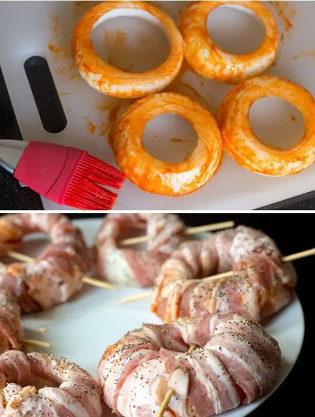 Anelli da forno, rivestiti con ketchup e avvolti in pancetta o taglio della salsiccia. Spuntino, fotorecizio